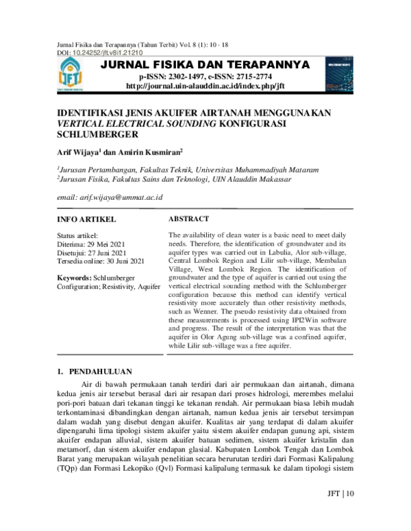 (PDF) Identifikasi Jenis Akuifer Air Tanah Menggunakan Vertical Electrical Sounding Konfigurasi ...
