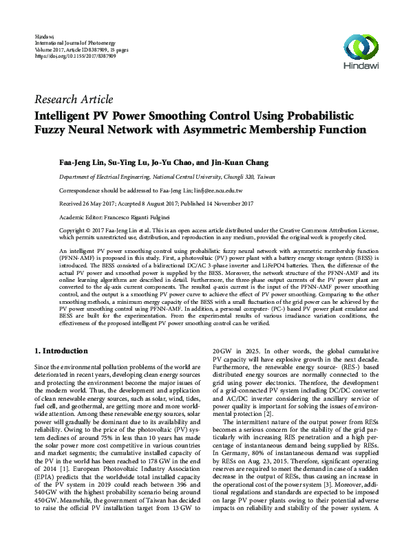 (PDF) Intelligent PV Power Smoothing Control Using Probabilistic Fuzzy ...