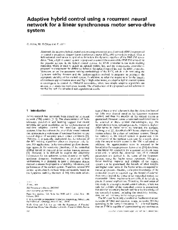 Pdf Adaptive Hybrid Control Using A Recurrent Neural Network For A