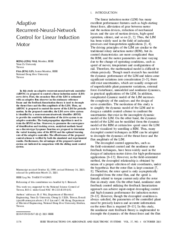 Pdf Adaptive Recurrent Neural Network Control For Linear Induction Motor