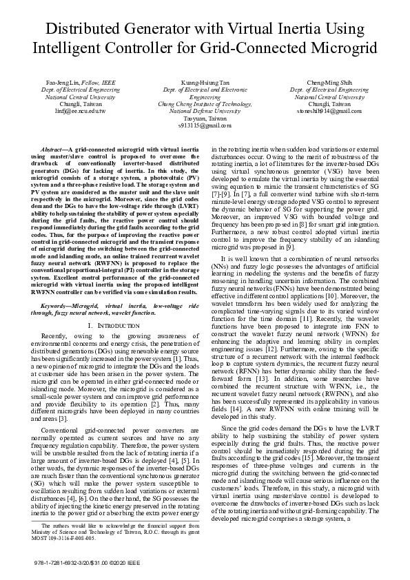 Pdf Distributed Generator With Virtual Inertia Using Intelligent Controller For Grid Connected