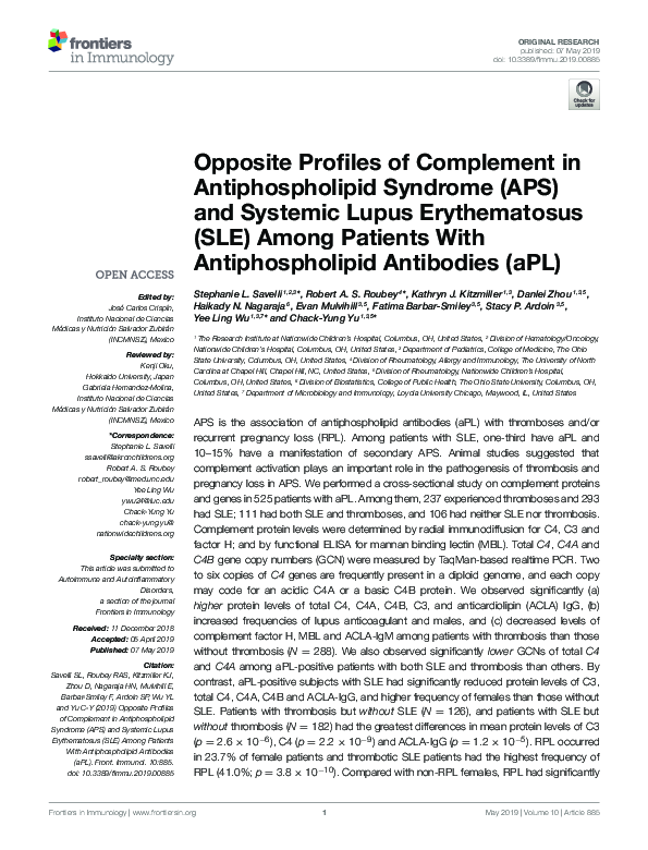 (PDF) Opposite Profiles of Complement in Antiphospholipid Syndrome (APS ...
