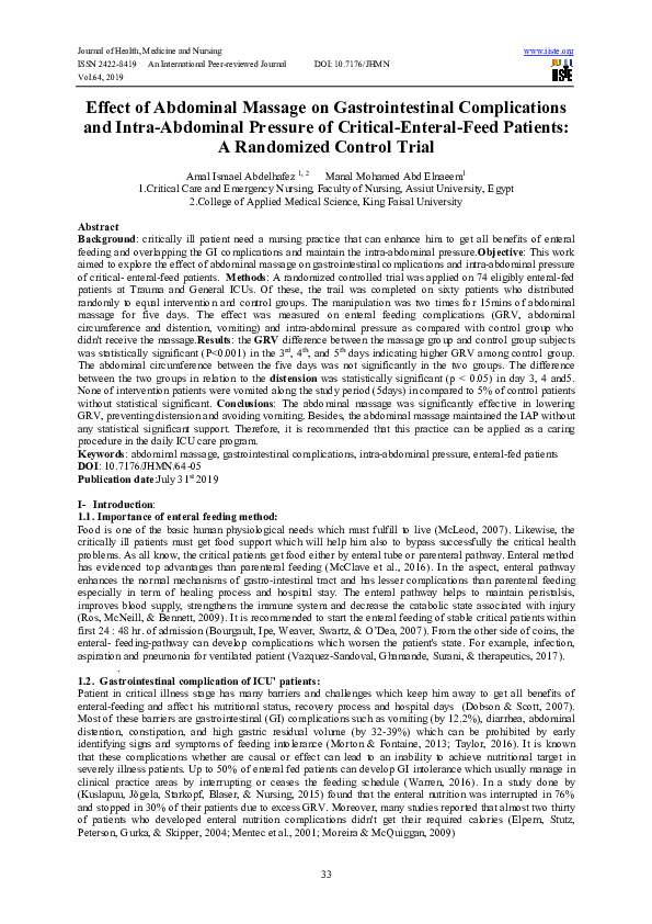 Pdf Effect Of Abdominal Massage On Gastrointestinal Complications And