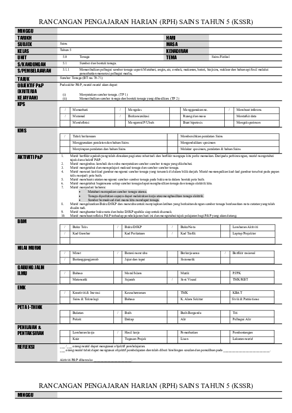 (DOC) RANCANGAN PENGAJARAN HARIAN (RPH) SAINS TAHUN 5 (KSSR