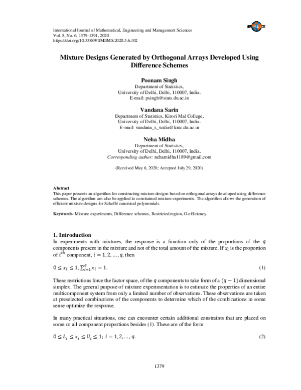 Pdf Mixture Designs Generated By Orthogonal Arrays Developed Using