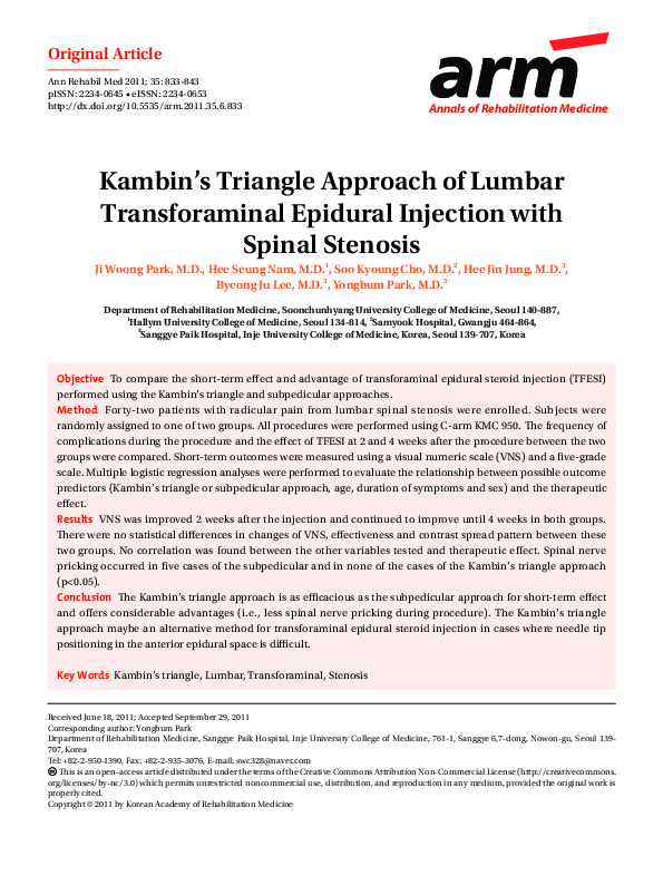 (PDF) Kambin's Triangle Approach of Lumbar Transforaminal Epidural ...
