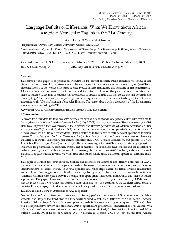 (PDF) Language deficits or differences: What we know about African ...
