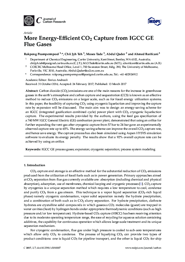 (PDF) More Energy-Efficient CO2 Capture from IGCC GE Flue Gases
