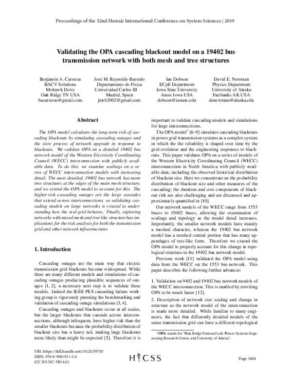 (PDF) Validating the OPA Cascading Blackout Model on a 19402 Bus Transmission Network with Both ...