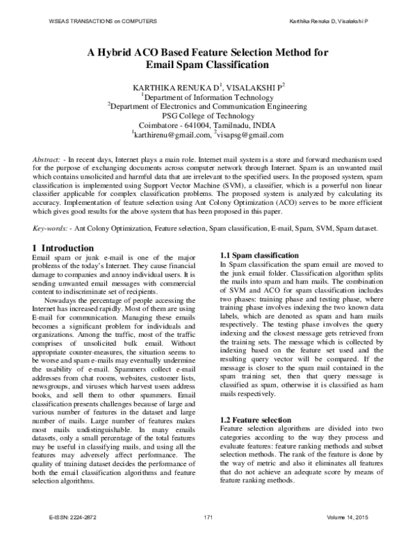 (PDF) A Hybrid ACO Based Feature Selection Method for Email Spam Classification