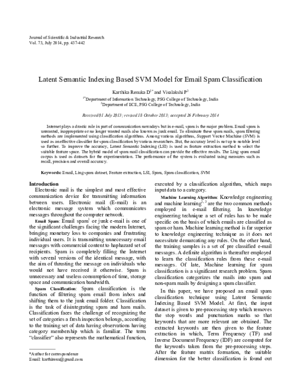 Pdf Latent Semantic Indexing Based Svm Model For Email Spam Classification