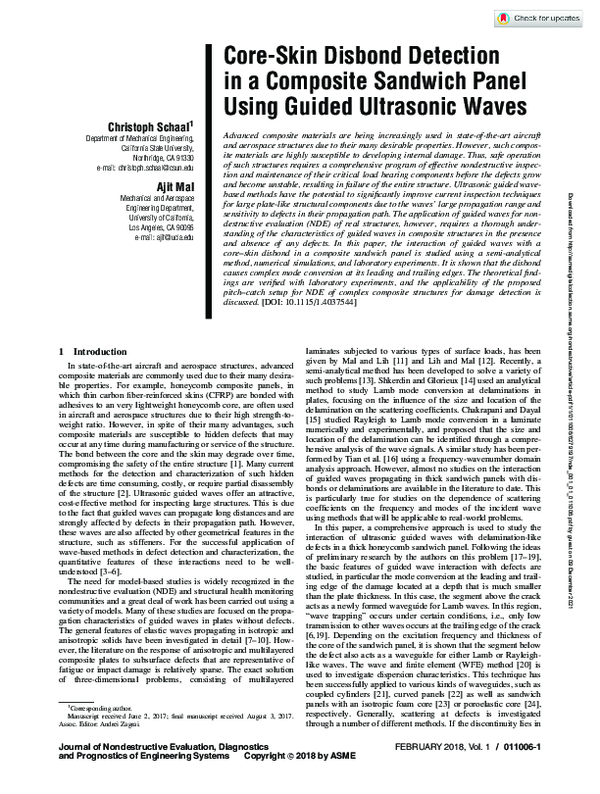 (PDF) Core-Skin Disbond Detection in a Composite Sandwich Panel Using ...