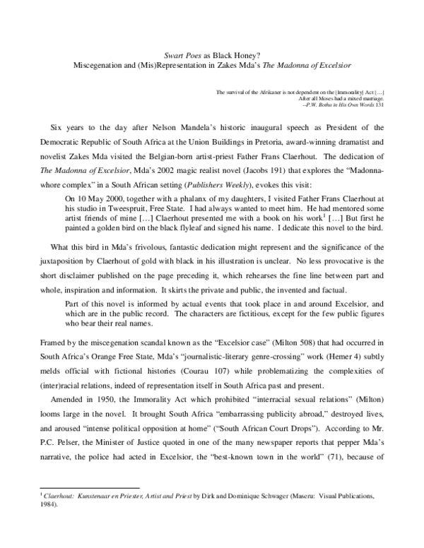 (PDF) Swart Poes as Black Honey? Miscegenation and (Mis)Representation ...