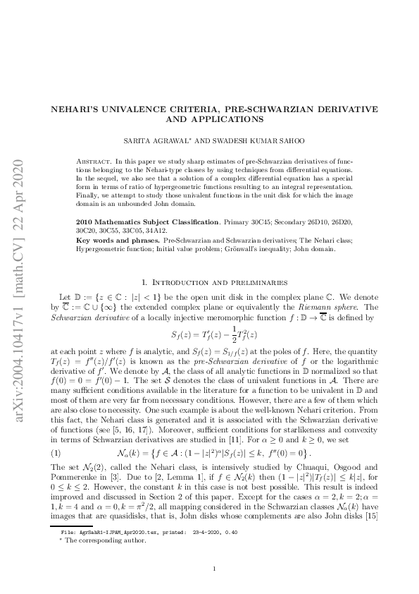 (PDF) Nehari’s univalence criteria, pre-Schwarzian derivative and applications