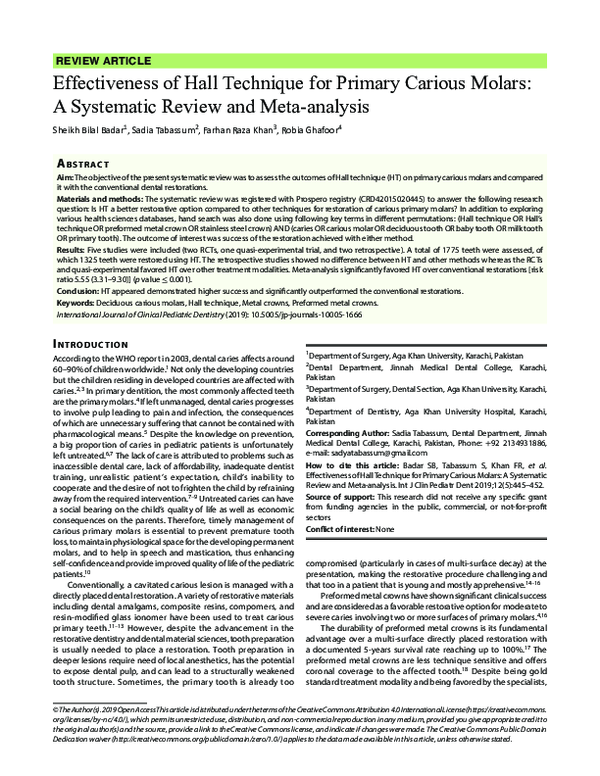 (PDF) Effectiveness of Hall Technique for Primary Carious Molars: A ...