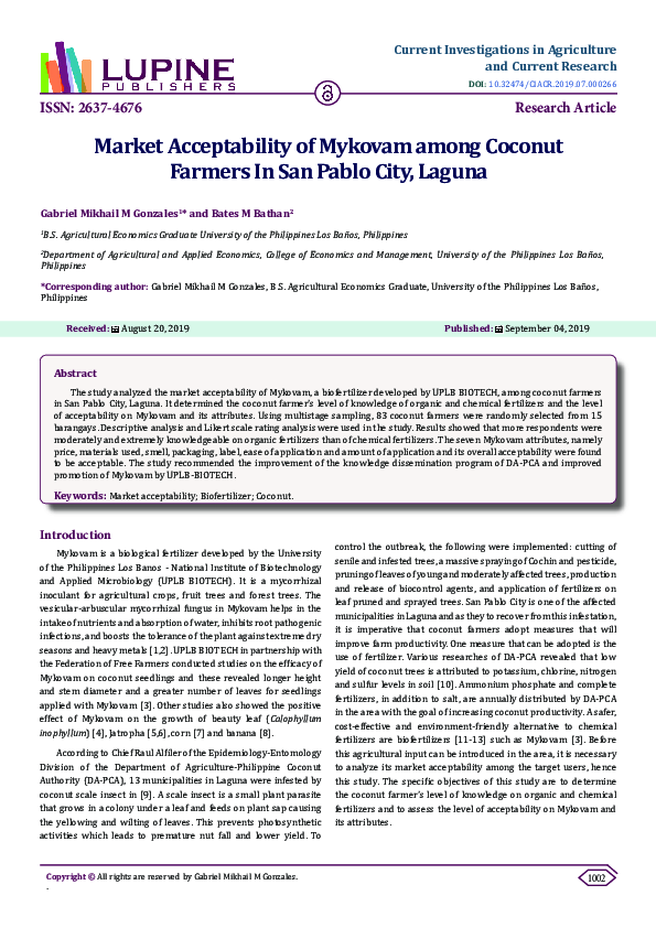 Market Acceptability of Mykovam among Coconut Farmers In San Pablo City ...