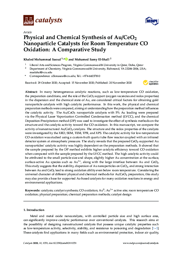 (PDF) Physical and Chemical Synthesis of Au/CeO2 Nanoparticle Catalysts ...