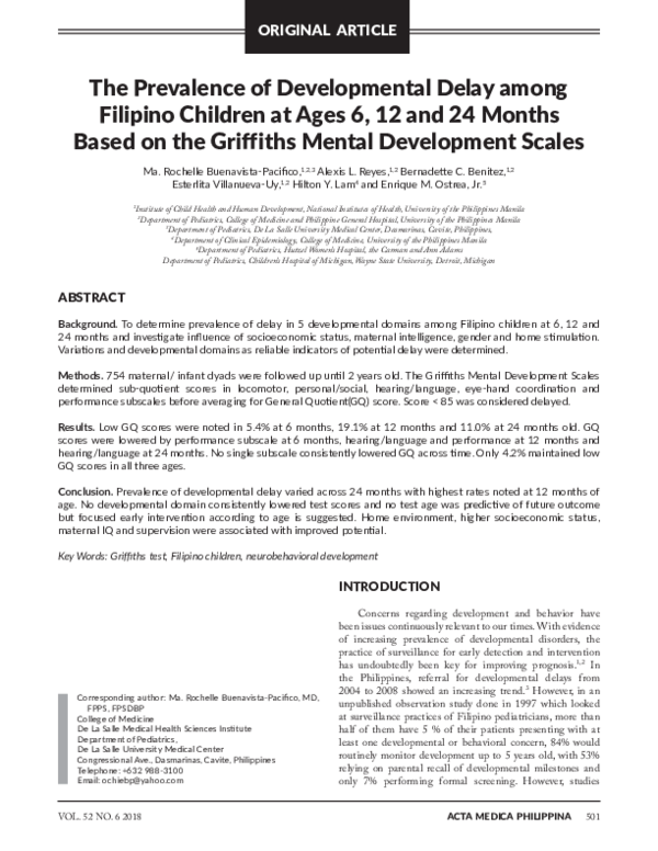 (PDF) The Prevalence of Developmental Delay among Filipino Children at ...