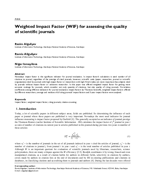 (PDF) Weighted Impact Factor (WIF) for assessing the quality of ...