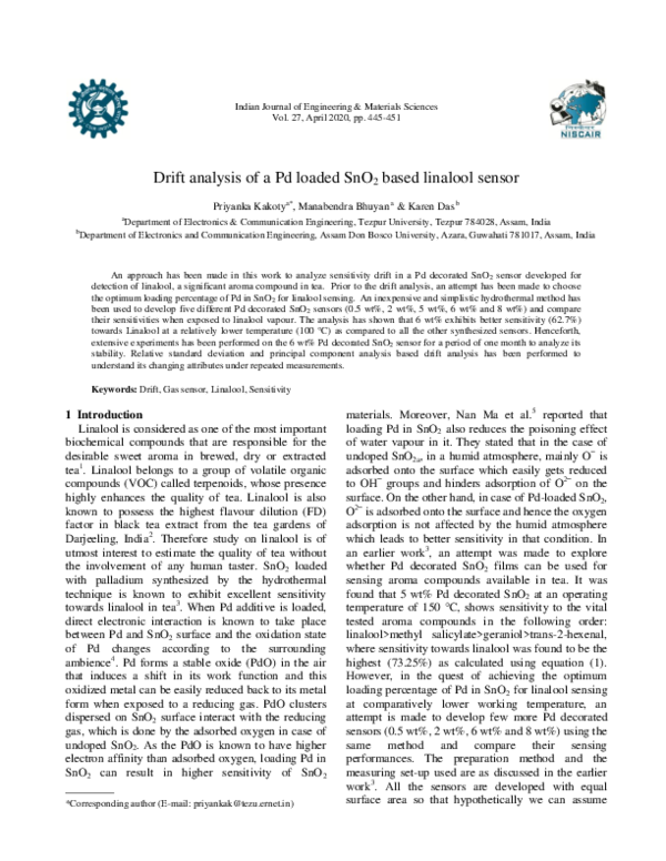 (PDF) DRIFT ANALYSIS OF A Pd LOADED SnO 2 BASED LINALOOL SENSOR