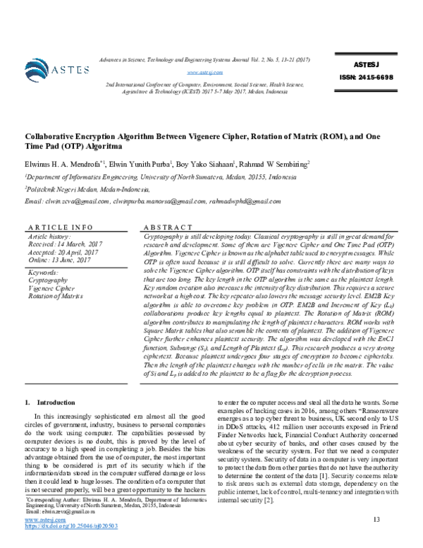 Pdf Collaborative Encryption Algorithm Between Vigenere Cipher Rotation Of Matrix Rom And
