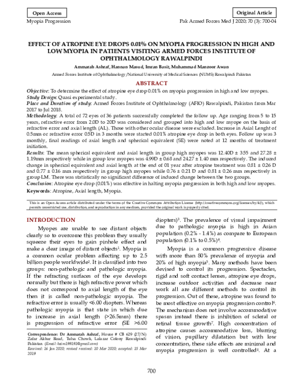 (PDF) Effect of Atropine Eye Drops 0.01% on Myopia Progression in High ...