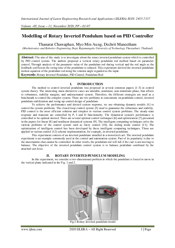 (PDF) Modelling of Rotary Inverted Pendulum based on PID Controller