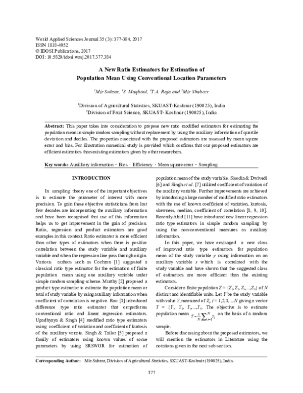 Pdf A New Ratio Estimators For Estimation Of Population Mean Using