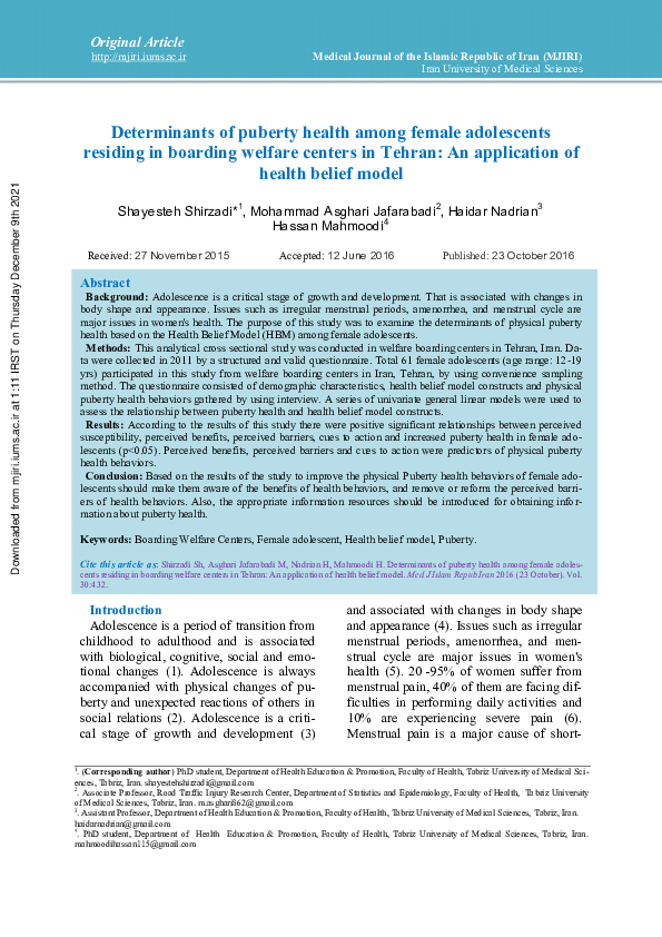 (PDF) Determinants of puberty health among female adolescents residing ...