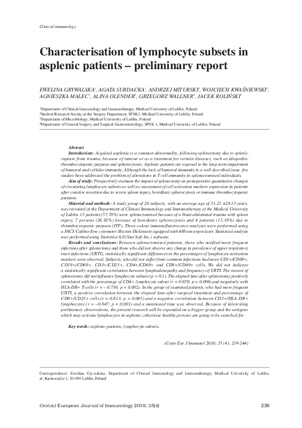 (PDF) Characterisation of lymphocyte subsets in asplenic patients ...
