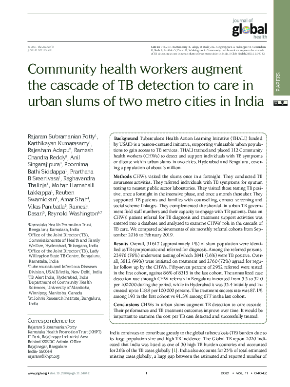 (PDF) Community Health Workers’ Augment The Cascade of TB Detection To ...