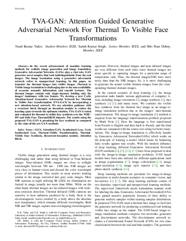 (PDF) TVA-GAN: Attention Guided Generative Adversarial Network For Thermal To Visible Face ...
