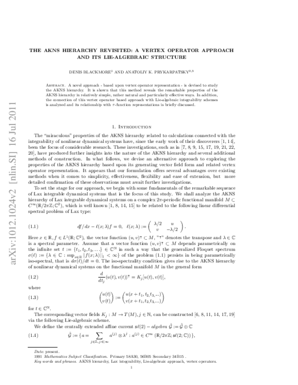 Pdf 1 The Akns Hierarchy Revisited A Vertex Operator Approach And