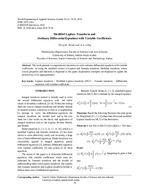 Pdf Modified Laplace Transform And Ordinary Differential Equations With Variable Coefficients