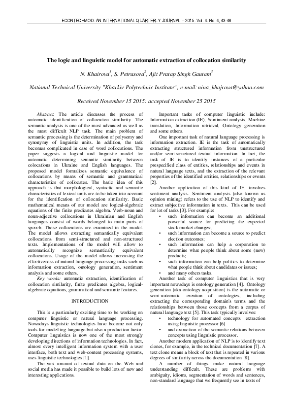 (PDF) The logic and linguistic model for automatic extraction of collocation similarity