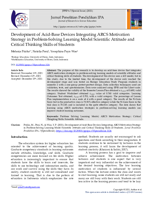 (PDF) Development of Acid-Base Devices Integrating ARCS Motivation Strategy in Problem-Solving ...
