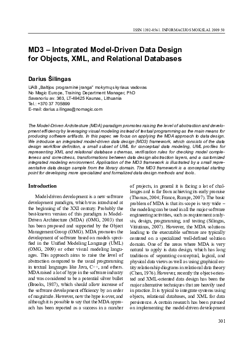 (PDF) MD 3 – Integrated Model-Driven Data Design for Objects , XML , and Relational Databases