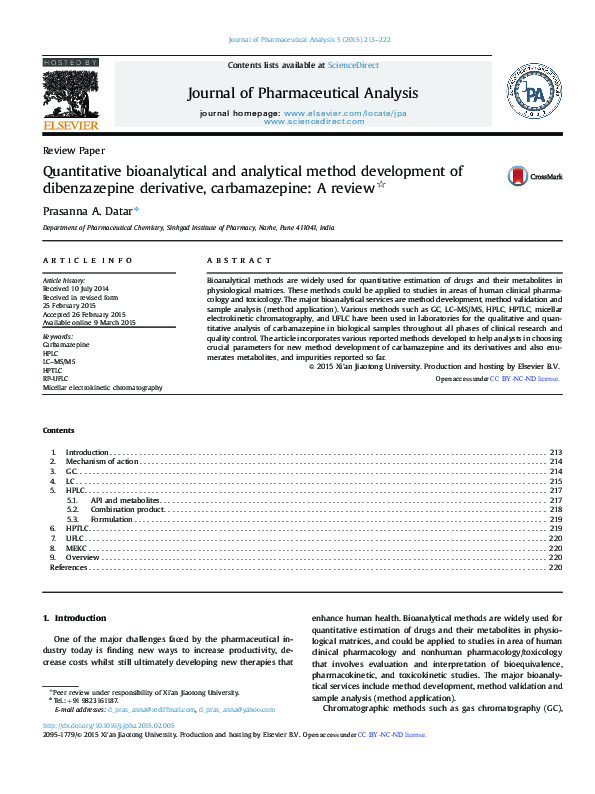 (PDF) Quantitative bioanalytical and analytical method development of dibenzazepine derivative ...