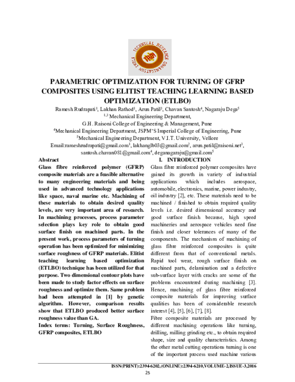 Pdf Parametric Optimization For Turning Of Gfrp Composites Using Elitist Teaching Learning