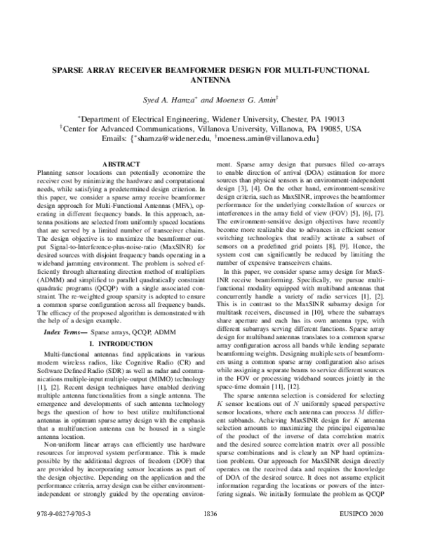 Pdf Sparse Array Receiver Beamformer Design For Multi Functional Antenna