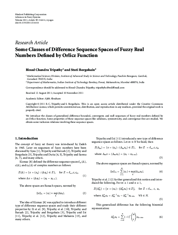 (PDF) Some Classes of Difference Sequence Spaces of Fuzzy Real Numbers Defined by Orlicz Function