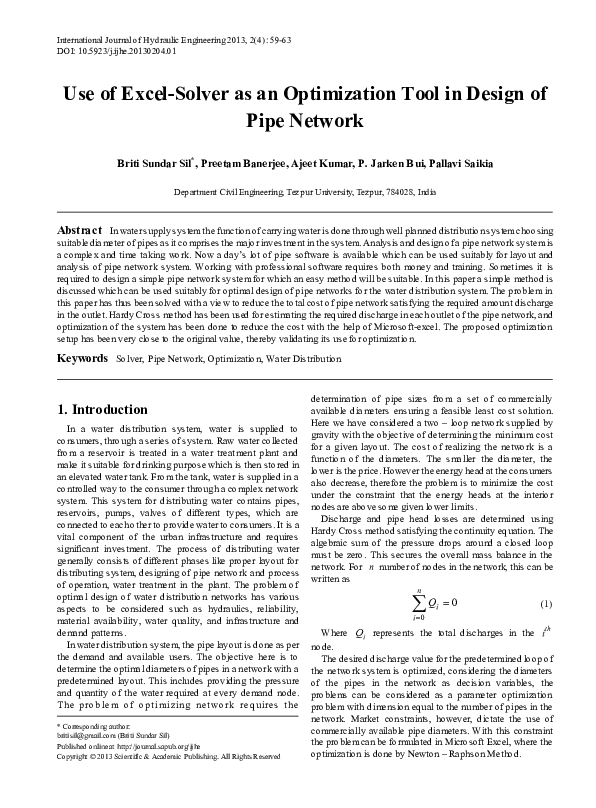 (PDF) Use of Excel-Solver as an Optimization Tool in Design of Pipe Network