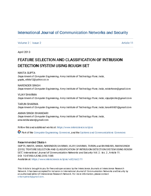 Pdf Feature Selection And Classification Of Intrusion Detection System Using Rough Set