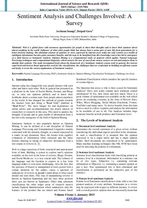 Pdf Sentiment Analysis And Challenges Involved A Survey