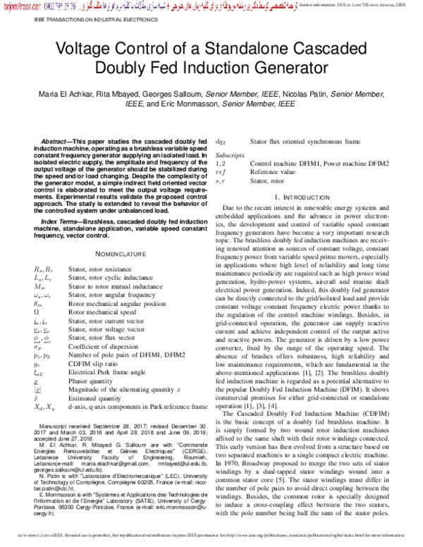 Pdf Voltage Control Of A Standalone Cascaded Doubly Fed Induction Generator