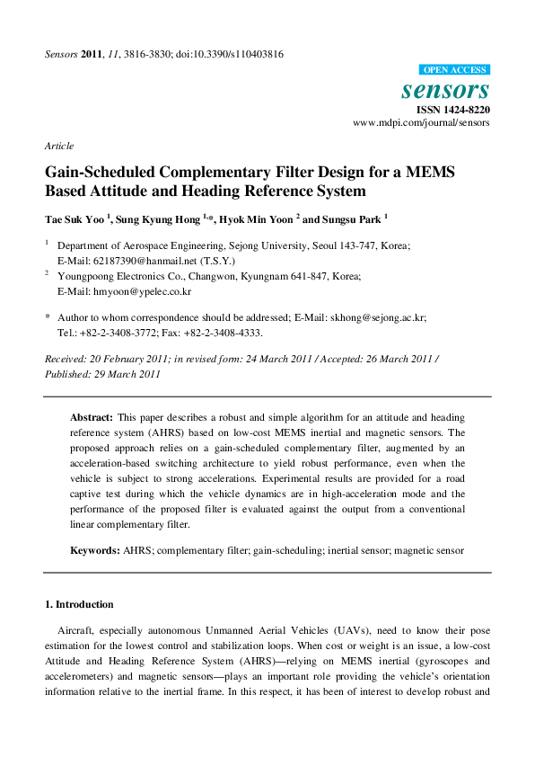 (PDF) Gain-Scheduled Complementary Filter Design for a MEMS Based Attitude and Heading Reference ...
