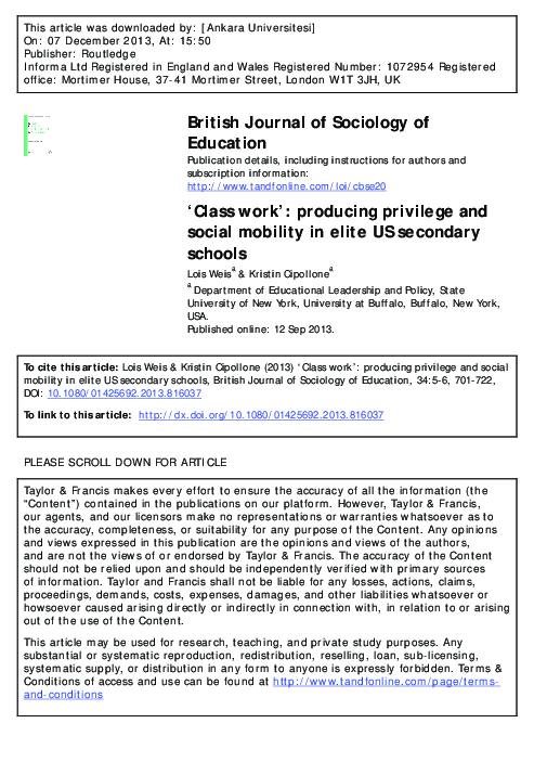 (PDF) ‘Class work’: producing privilege and social mobility in elite US ...
