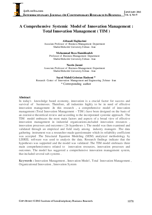(PDF) A Comprehensive Systemic Model of Innovation Management : Total ...