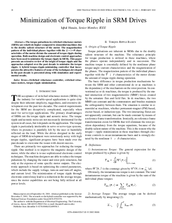 Pdf Minimization Of Torque Ripple In Srm Drives
