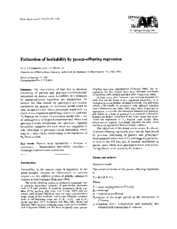 (PDF) Estimation of heritability by parent-offspring regression
